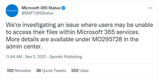 Microsoft 365 File Access Issue, Nov. 2, 2021
